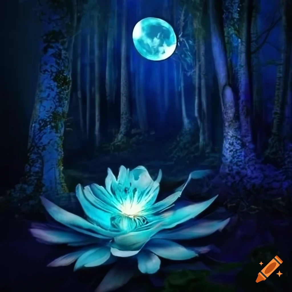 Enchanted midnight forest with a glowing silver flower