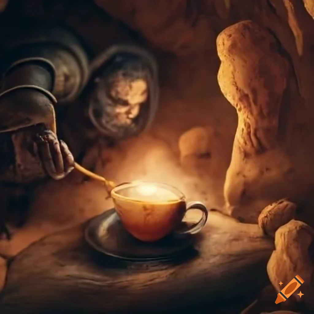 Humorous depiction of a caveman making espresso on Craiyon