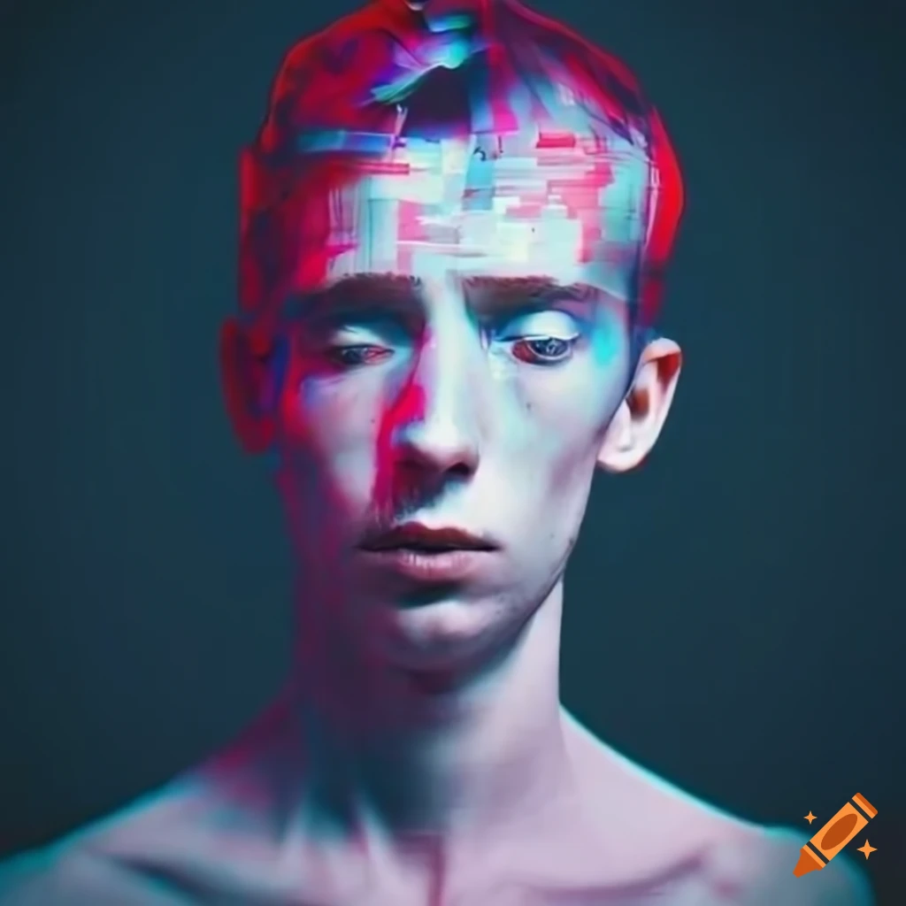 Hyperrealistic glitch art of a man in transparent dress shirt