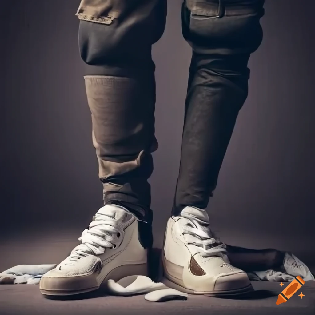 Close-up of dirty nike air force one shoes on messy blanket on Craiyon