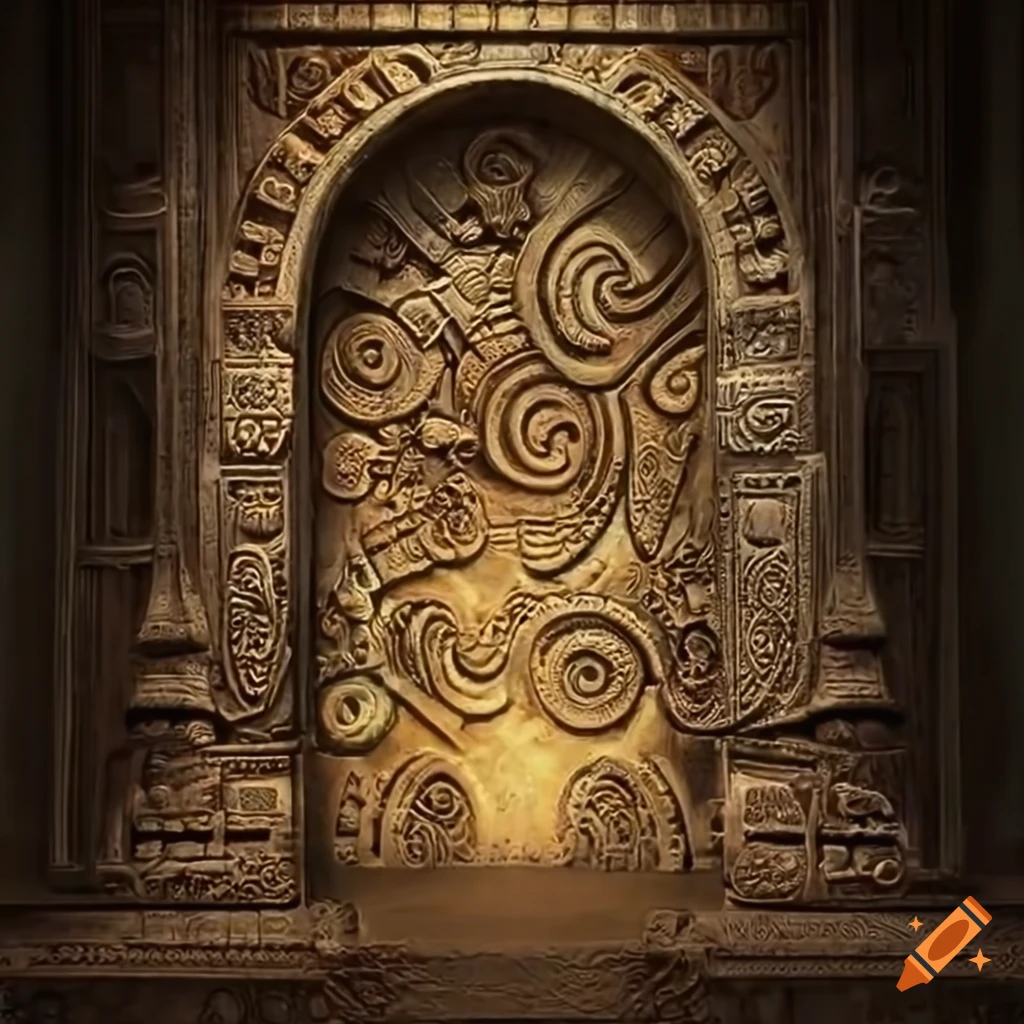 Aztec symbols carved in shale rock on cathedral door on Craiyon