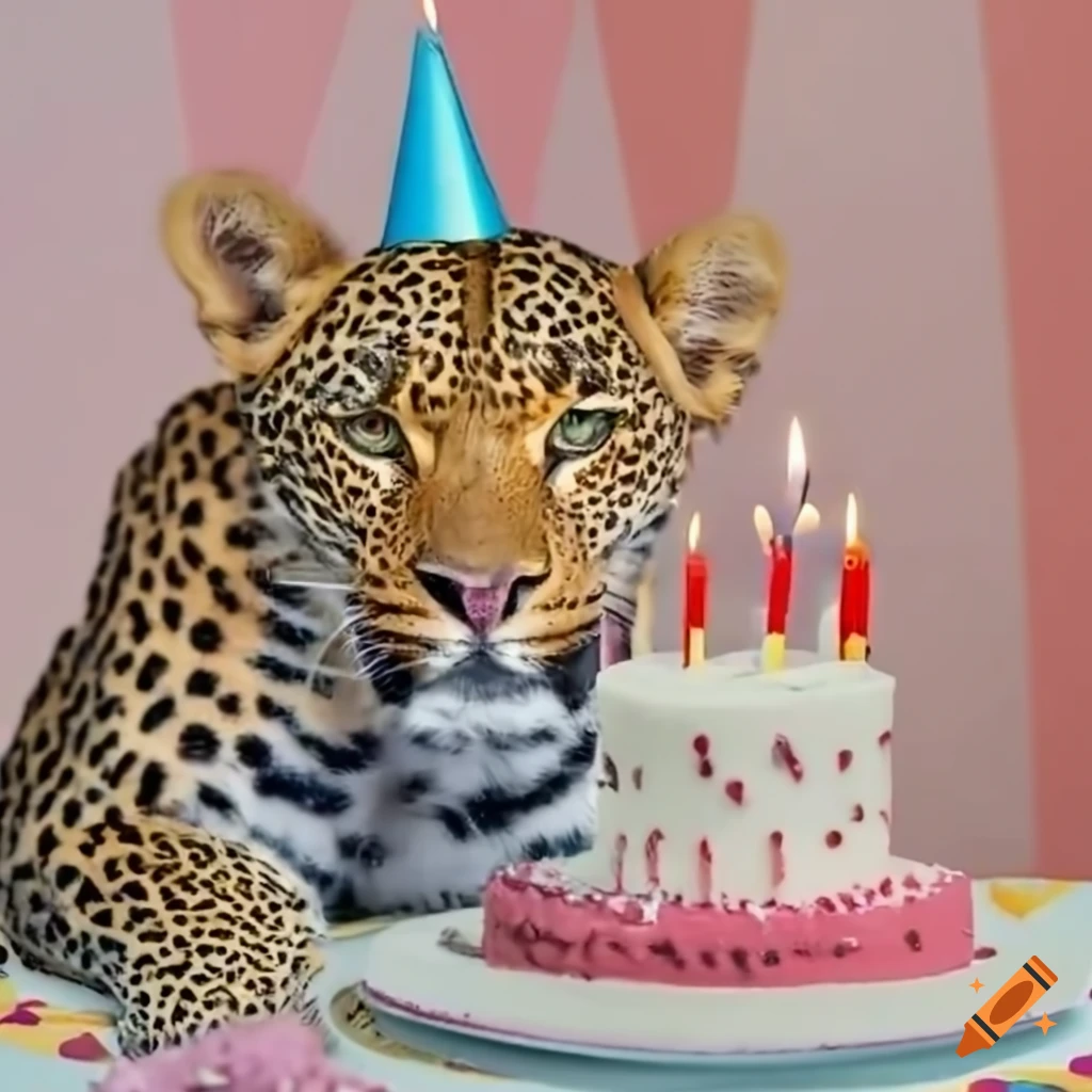 Leopard wearing a party hat blowing out candles