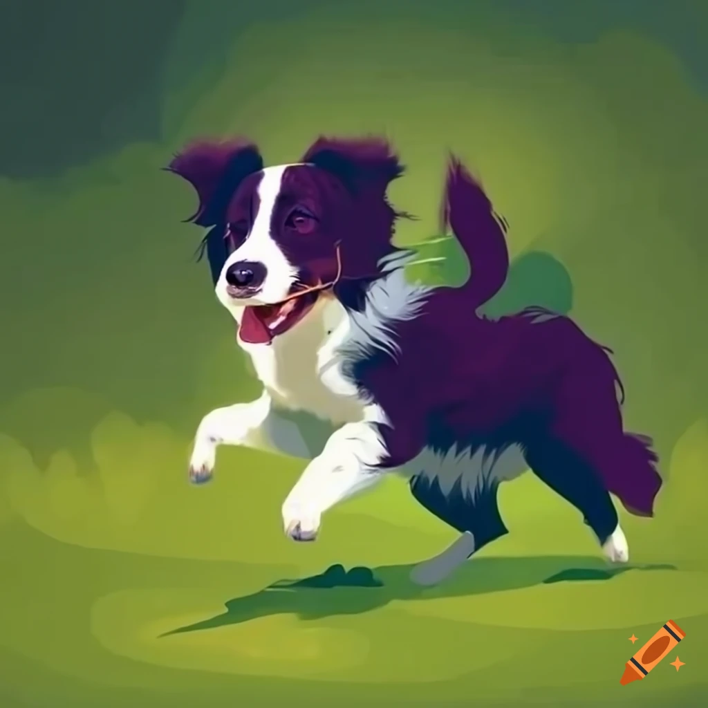 Painted style border collie puppy running in grass on Craiyon