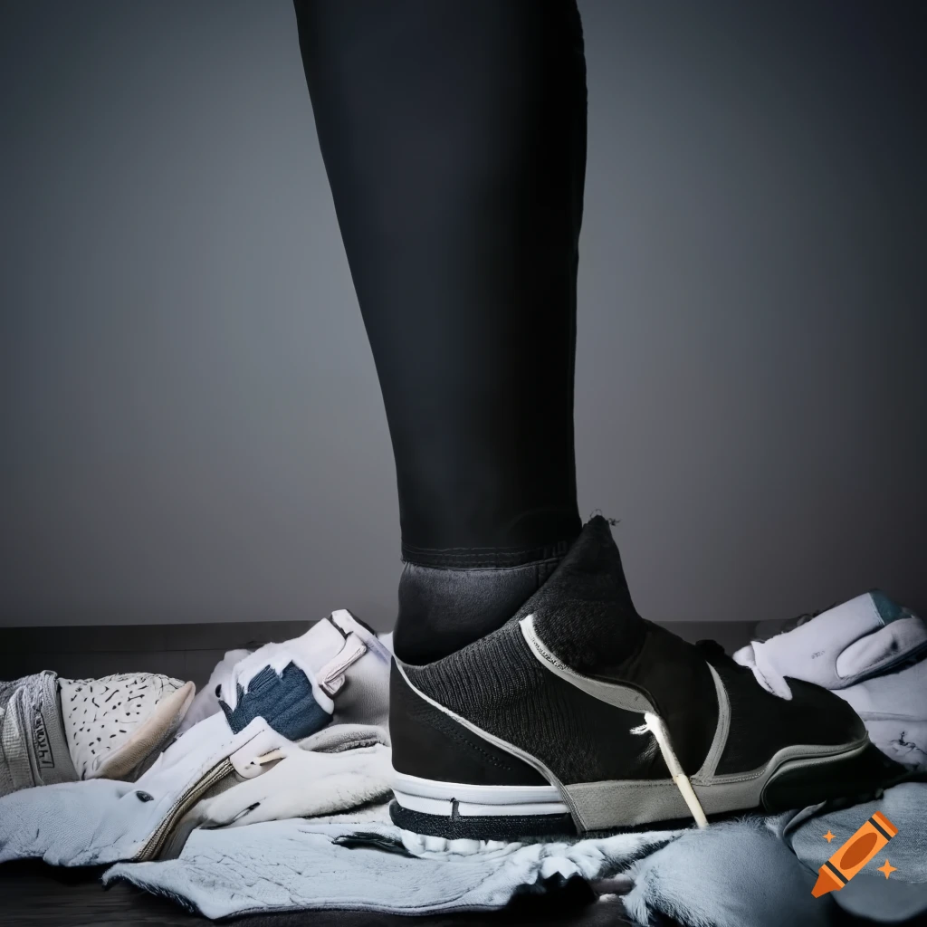 Close-up of dirty nike dunk mid sneakers on a messy blanket on Craiyon