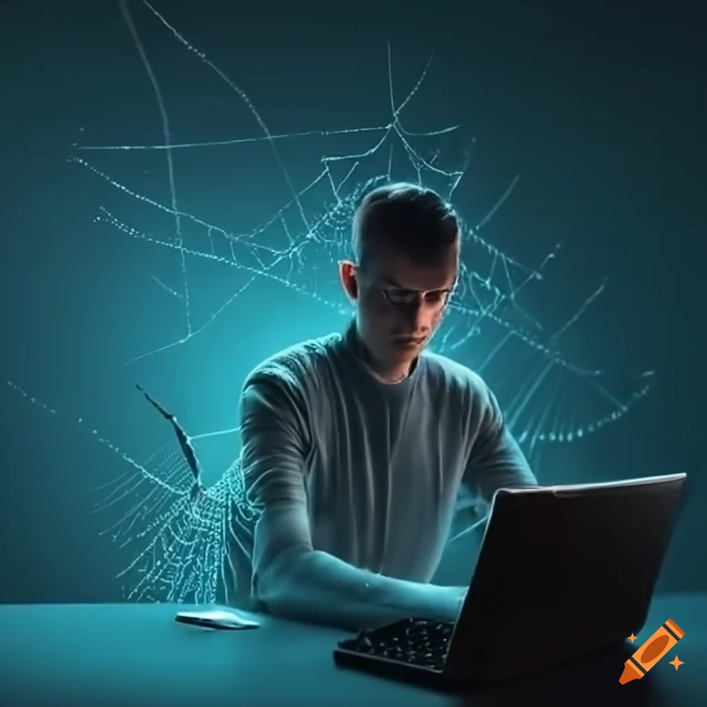 Man typing on computer with webs surrounding him