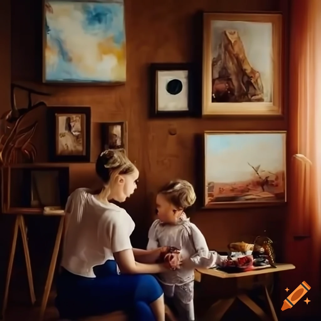 Mother and child painting together in an art-filled room on Craiyon