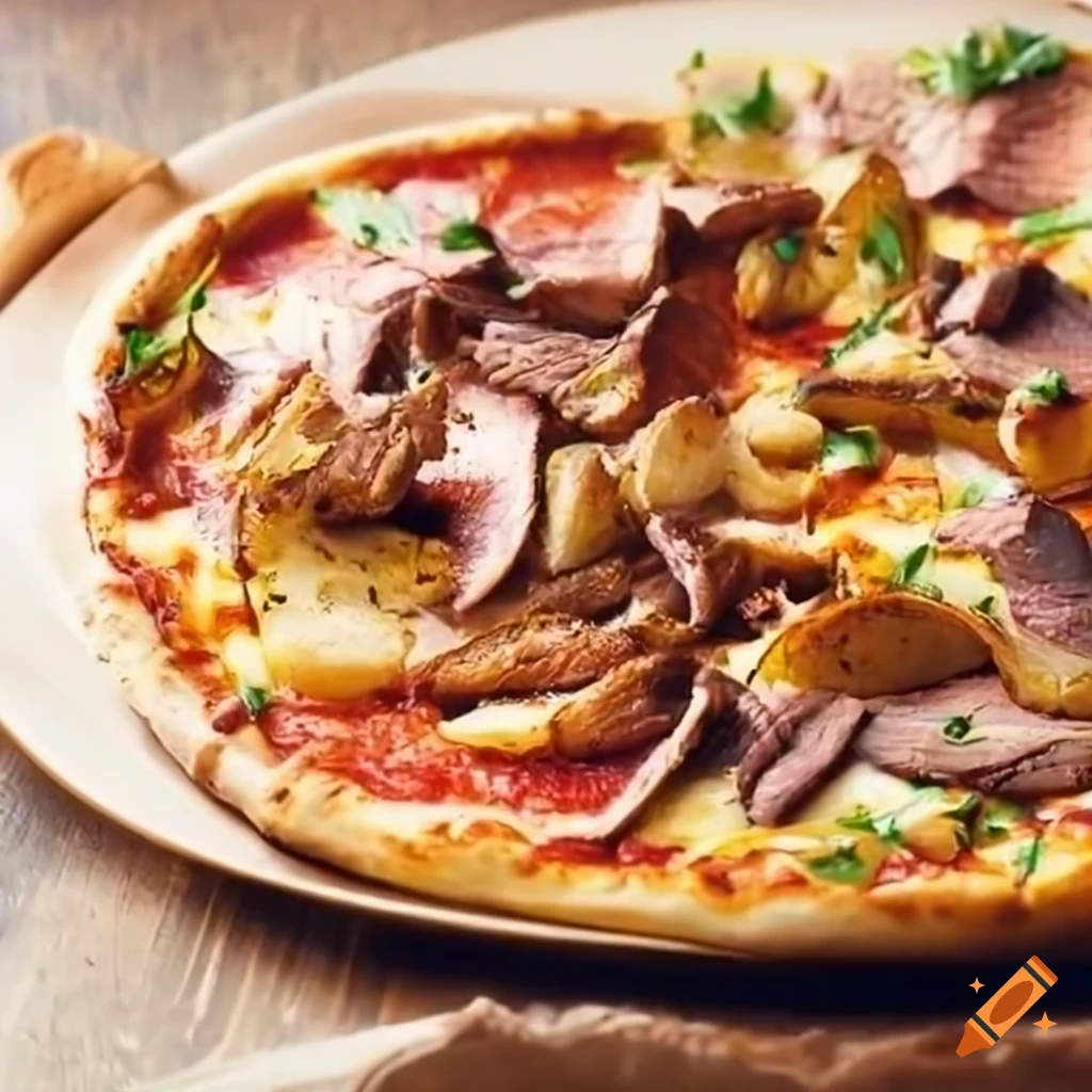 Delicious pizza with roast beef and roast potatoes on Craiyon