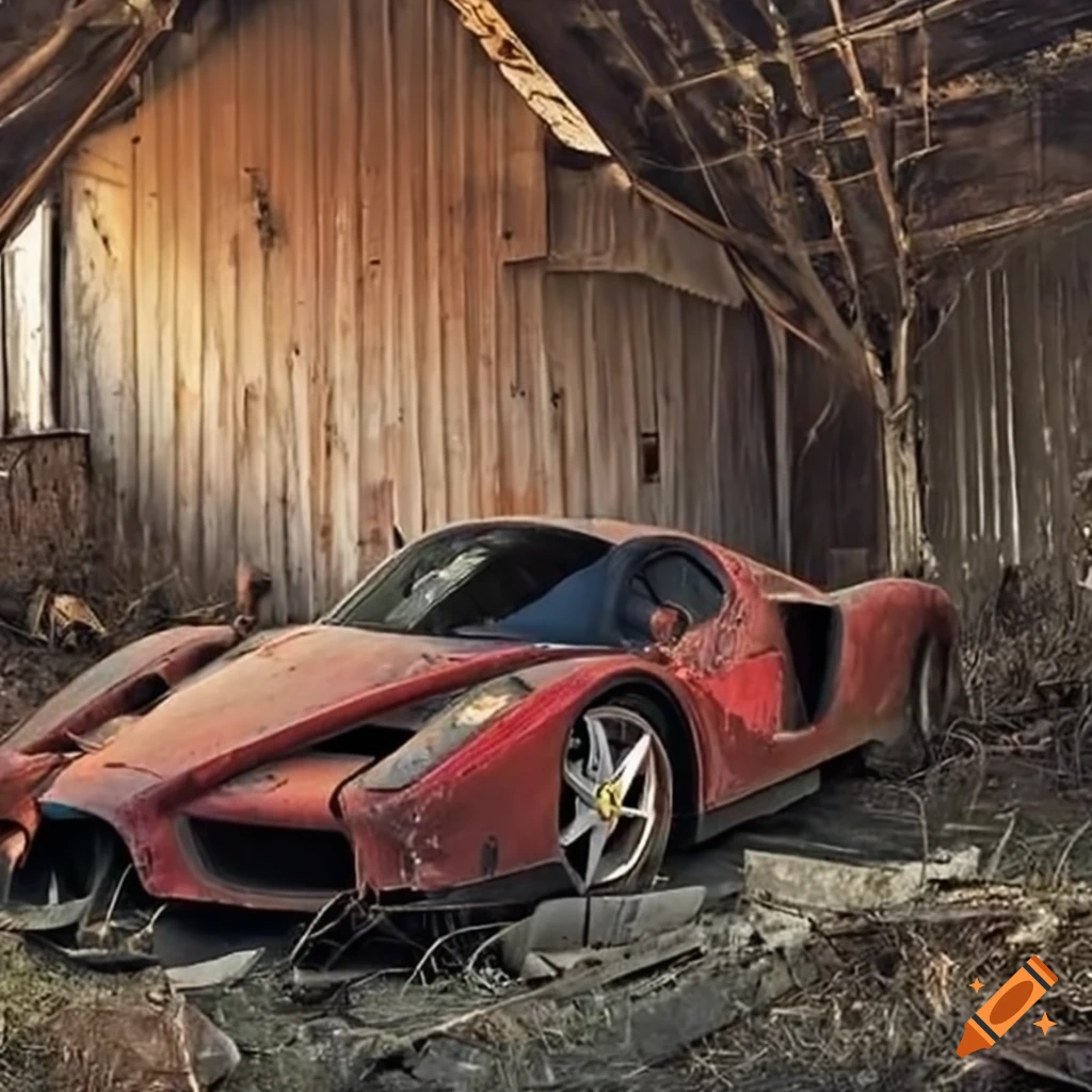 Ferrari enzo parked in an old barn on Craiyon