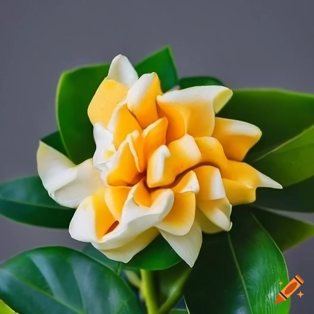 Close-up of a vibrant mango and delicate gardenia flower