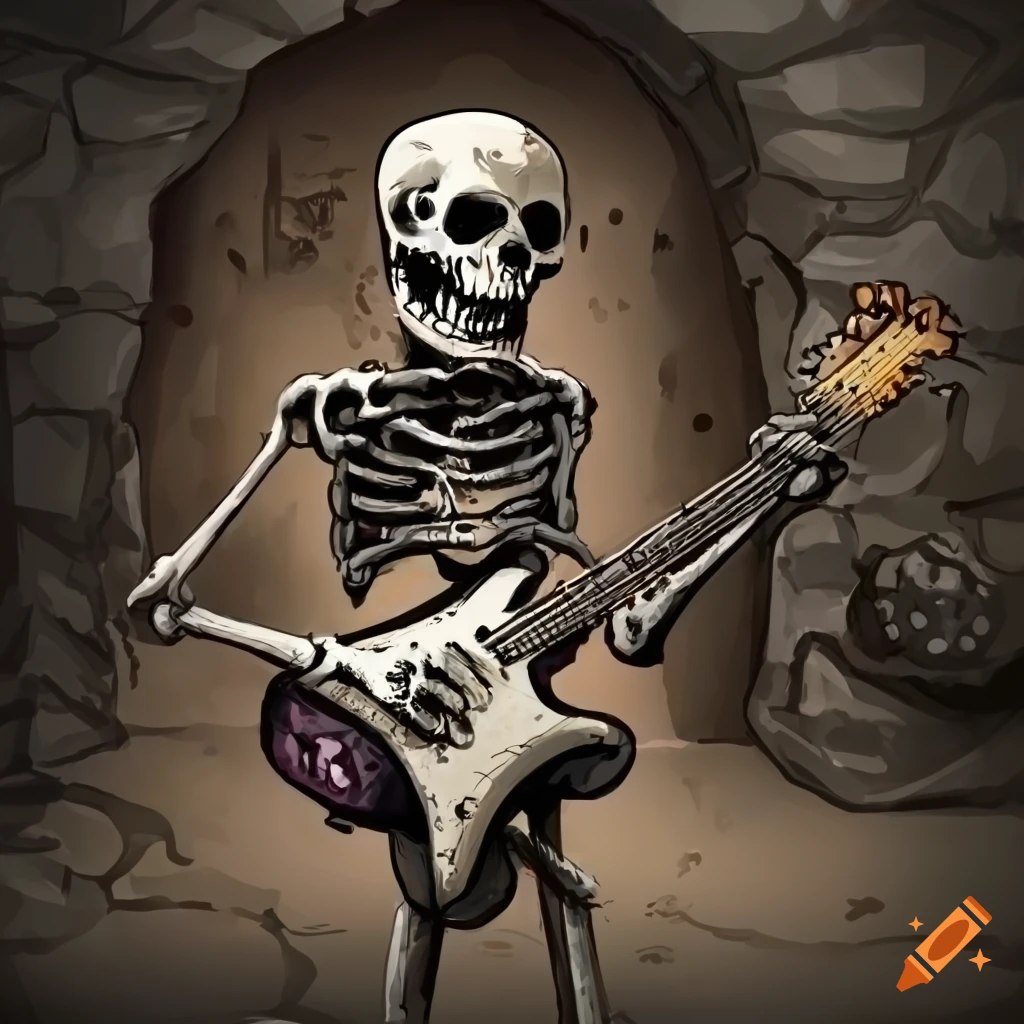 Illustration of a chained skeleton playing electric guitar