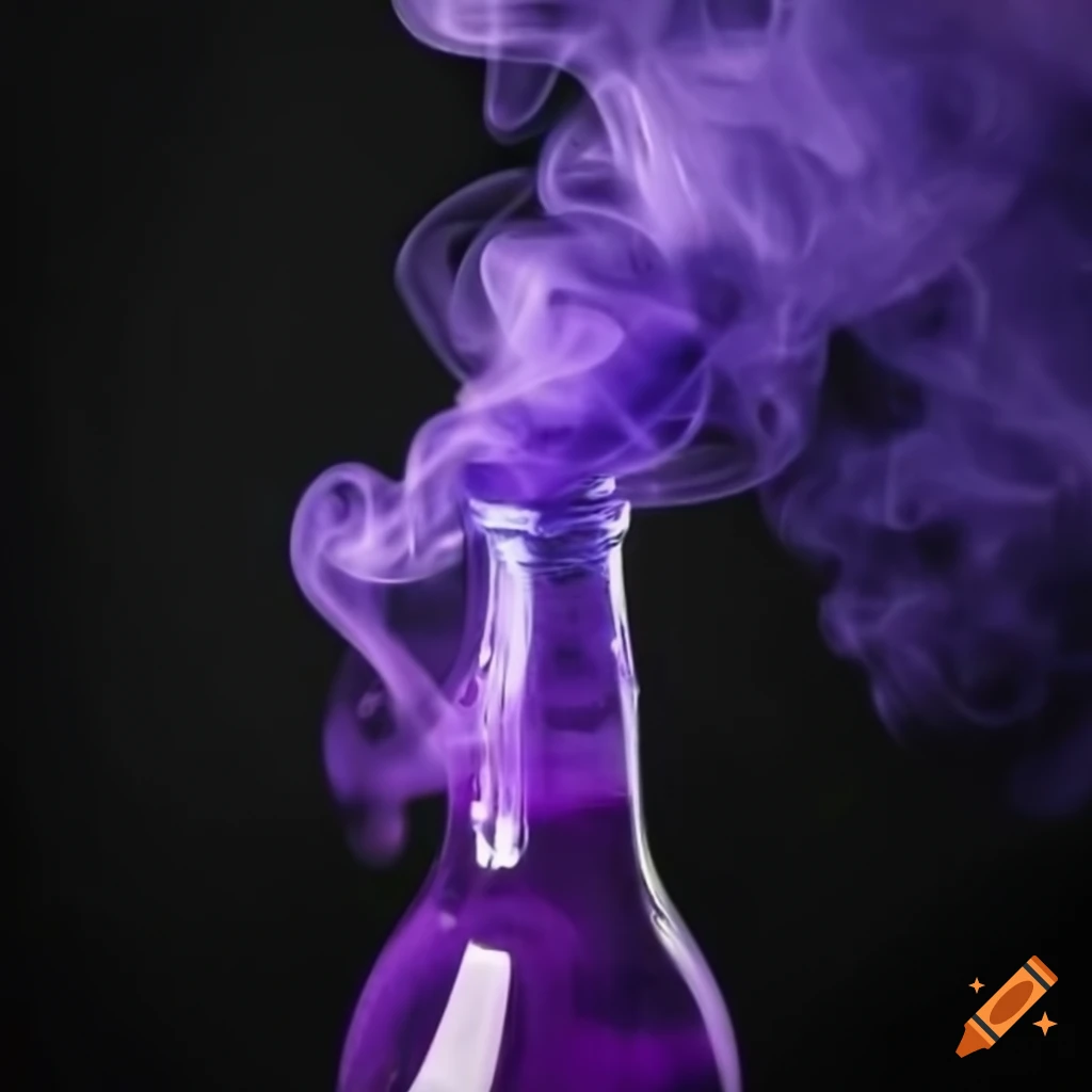 Mystical purple smoke inside a potion bottle on Craiyon