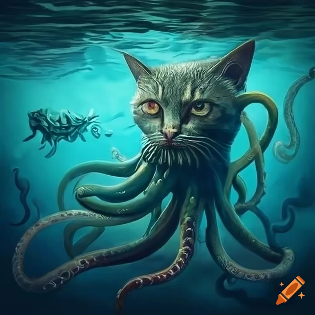 Kraken with a cat's head in the ocean
