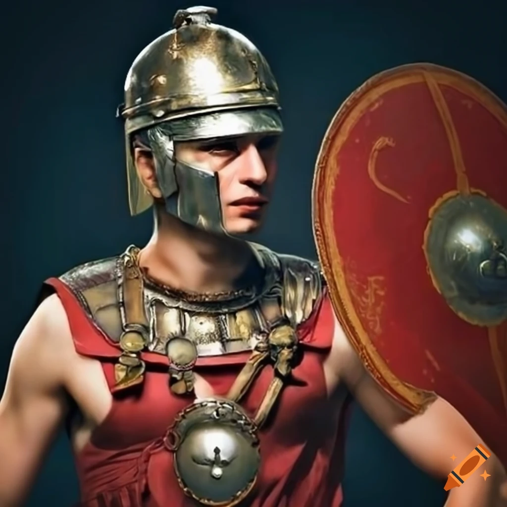 Young handsome roman soldiers in traditional costumes