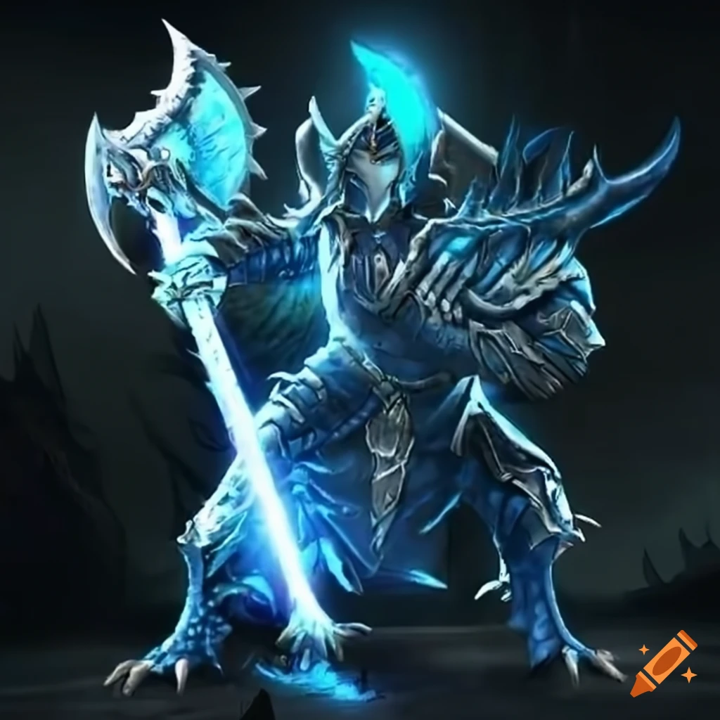 Fantastical blue dragon warrior in crystalline armor ready for battle ...