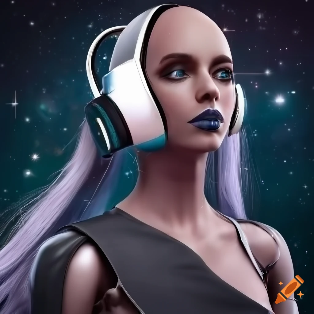 Photorealistic depiction of a futuristic space-princess with shining ...