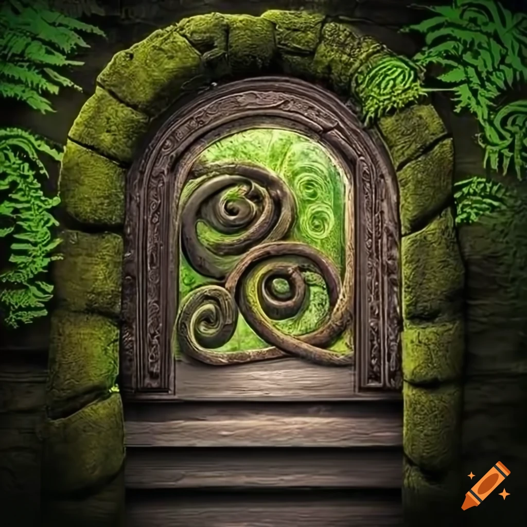 Door with celtic engravings and moss backdrop on Craiyon