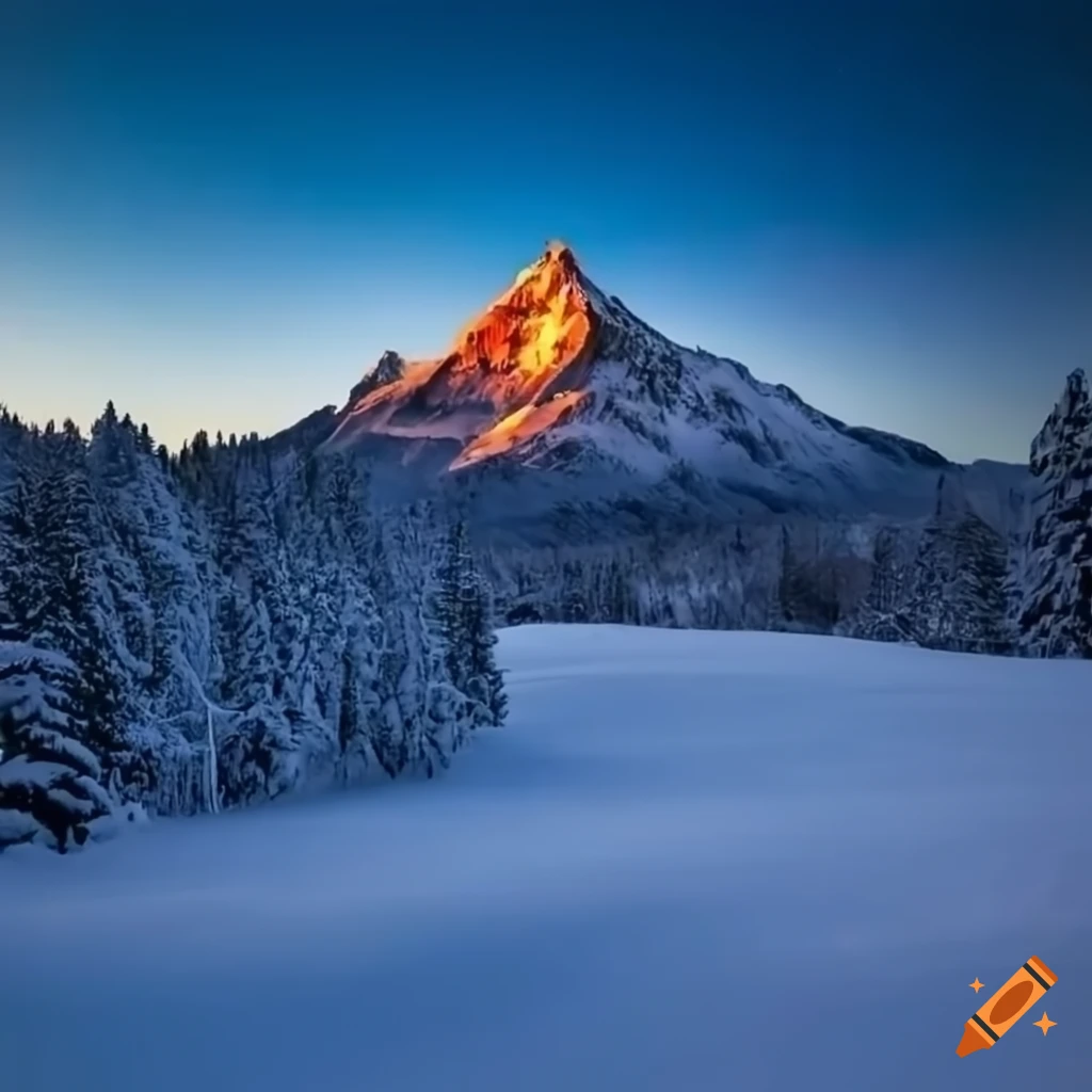 Snowy mountain at dawn with trees in the background on Craiyon