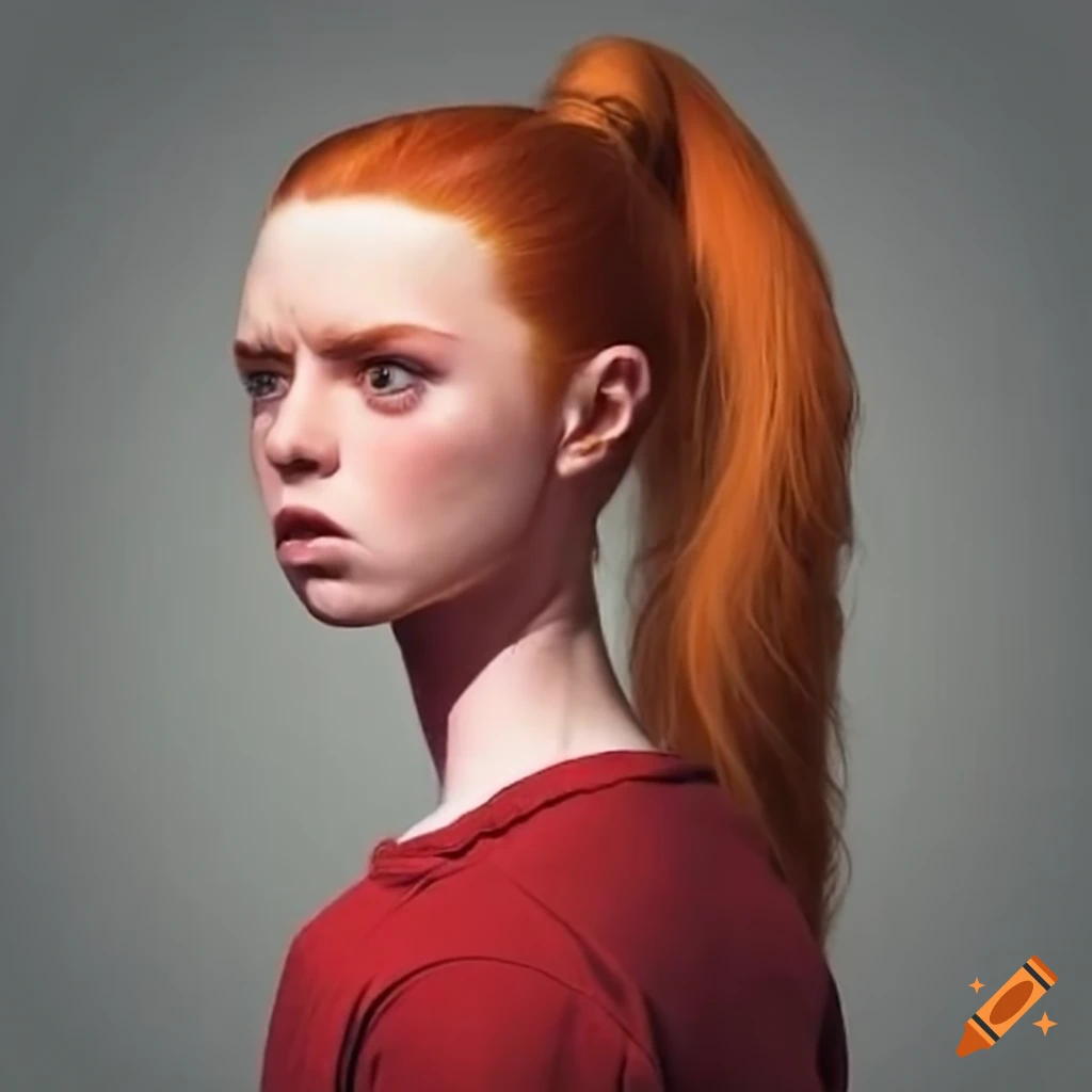 Young redhead woman with a ponytail and red shirt