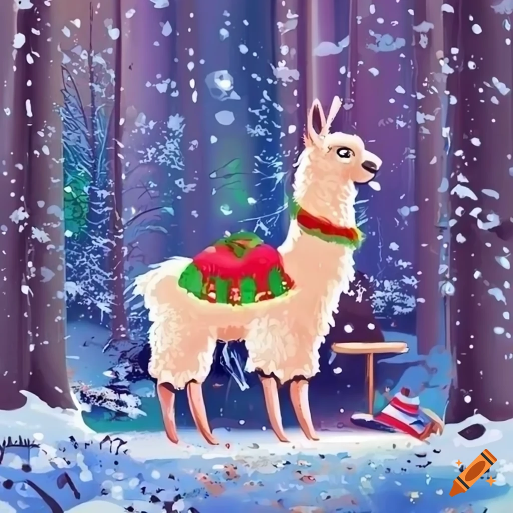 Illustration of a lama celebrating Christmas in a snowy forest on Craiyon