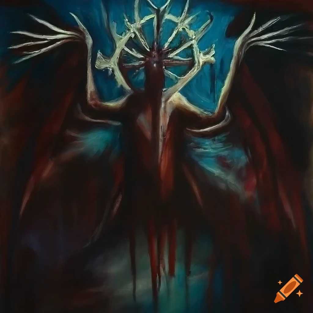 Dark oil painting of winged spiritual beings in an abyss on Craiyon