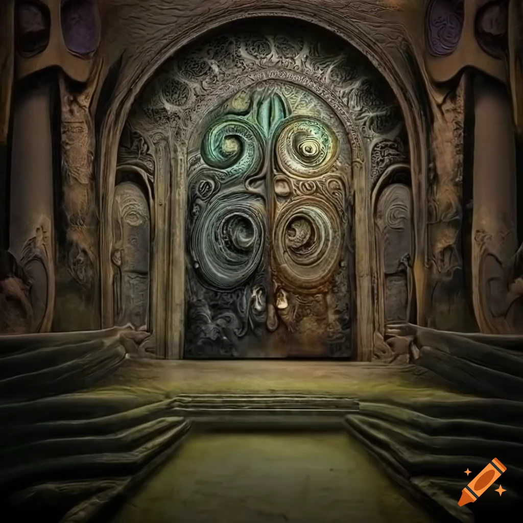 Baroque artwork of a dimly lit underground cavern with intricately ...