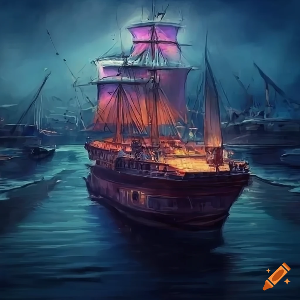 Cyberpunk ship in a dock at night on Craiyon