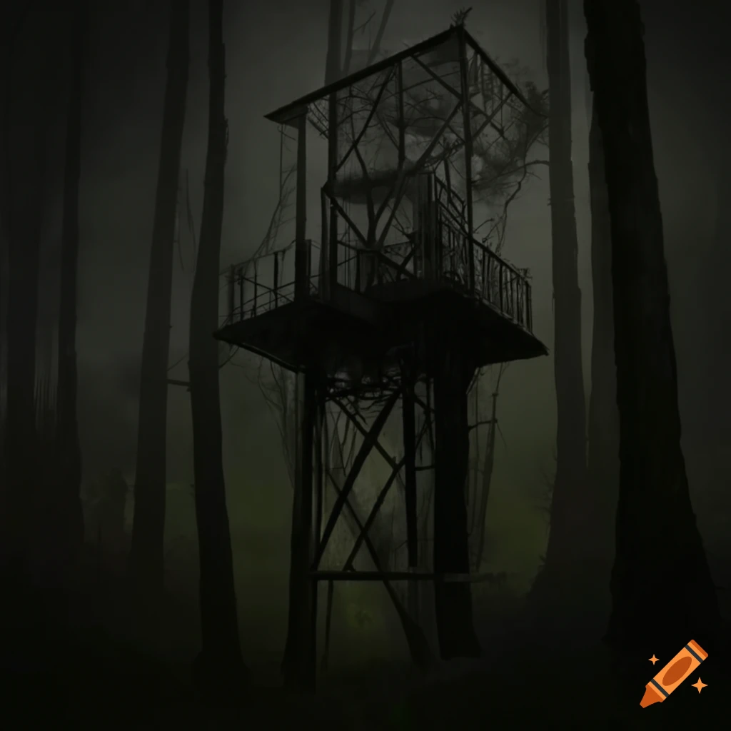 Nighttime view of a military watchtower in a forest