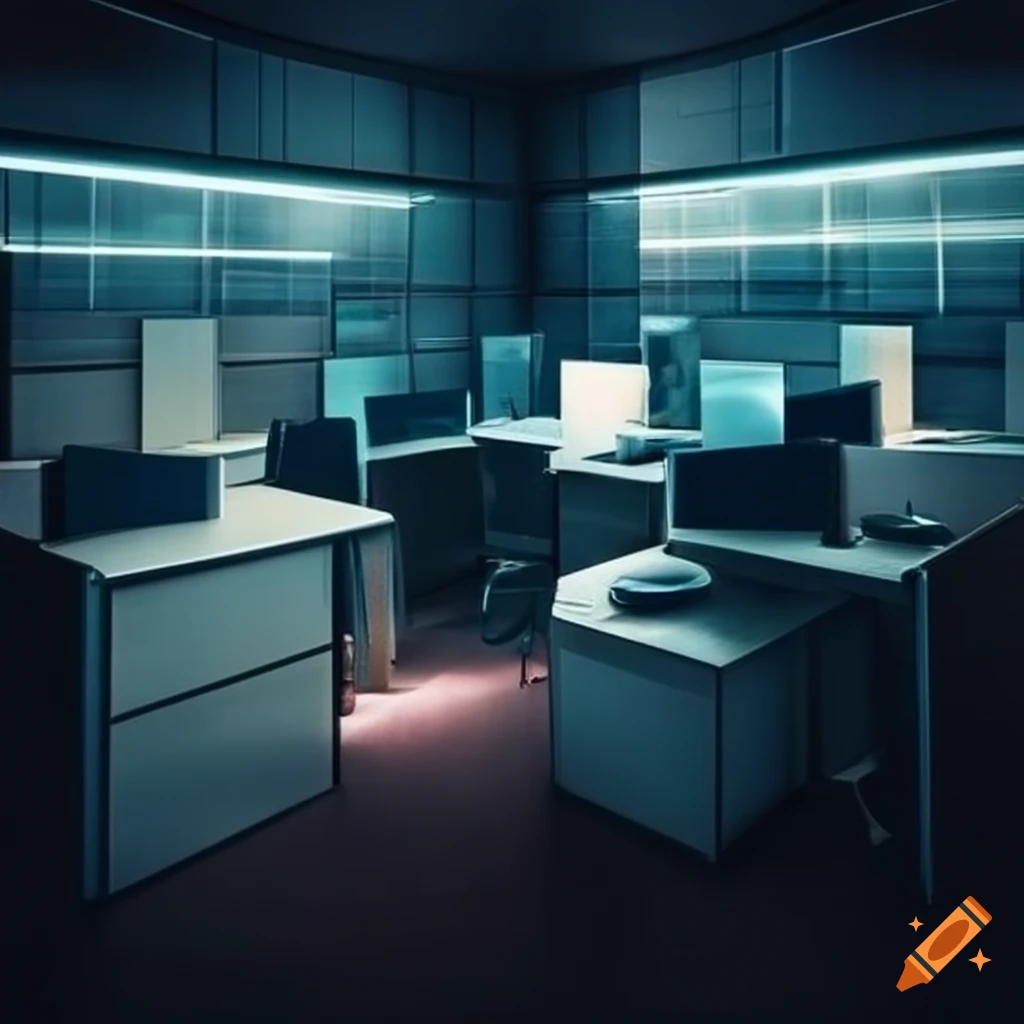 Hyperrealistic photo of office cubicle with lights off