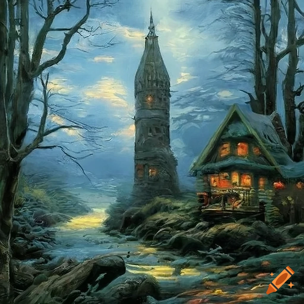 Painting of a mysterious wizard's tower in the mountains on Craiyon