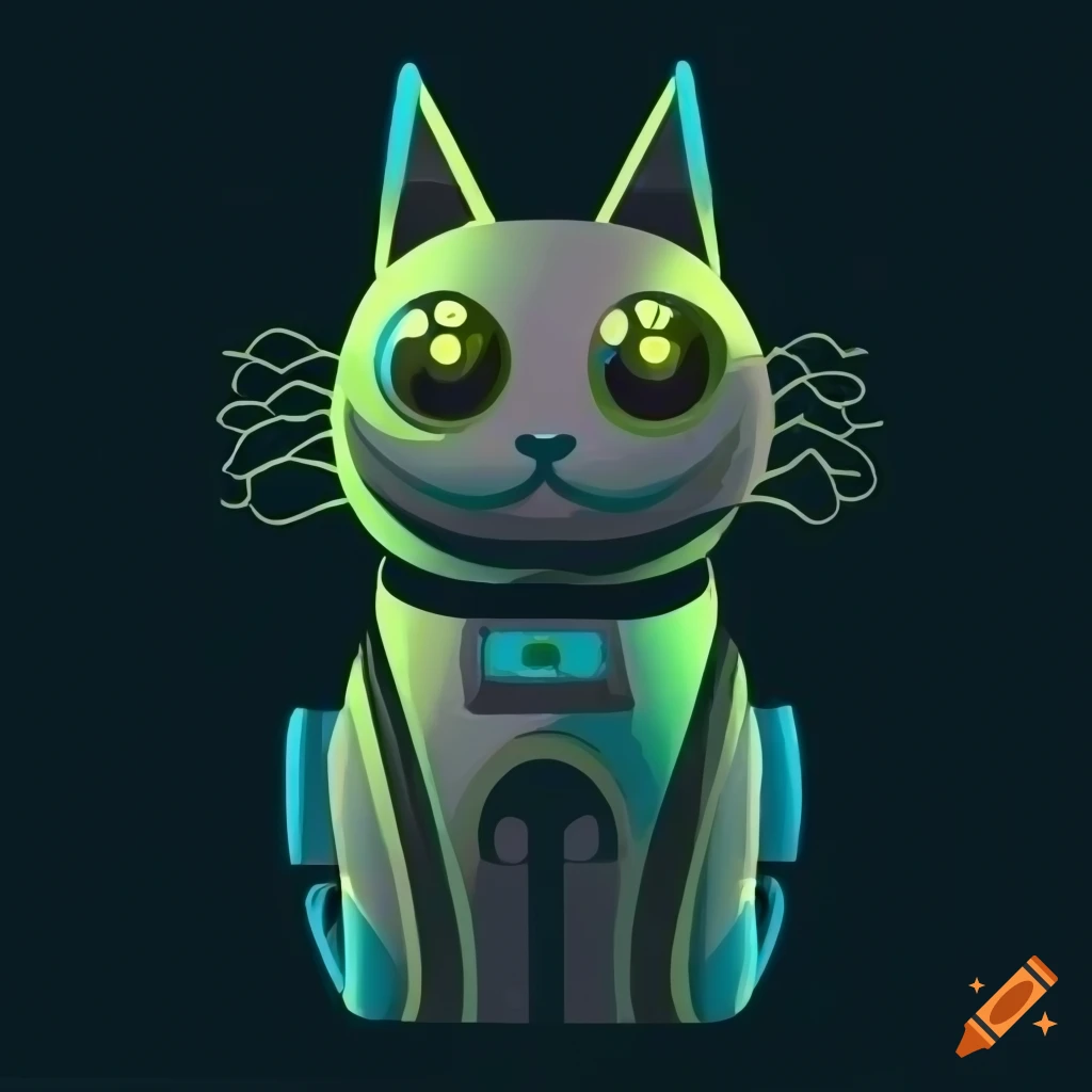 2D vector art of a gray green robot cat on Craiyon