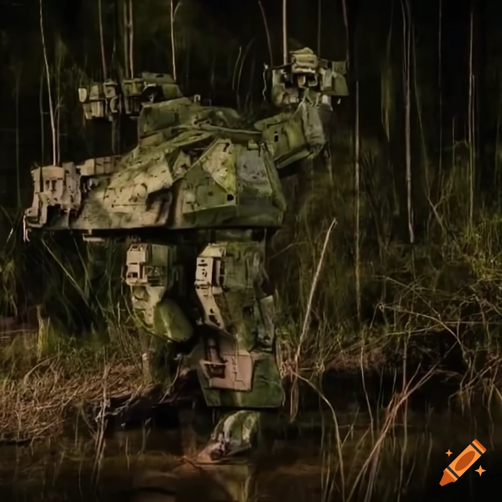 Camouflaged armored mech in a swamp on Craiyon