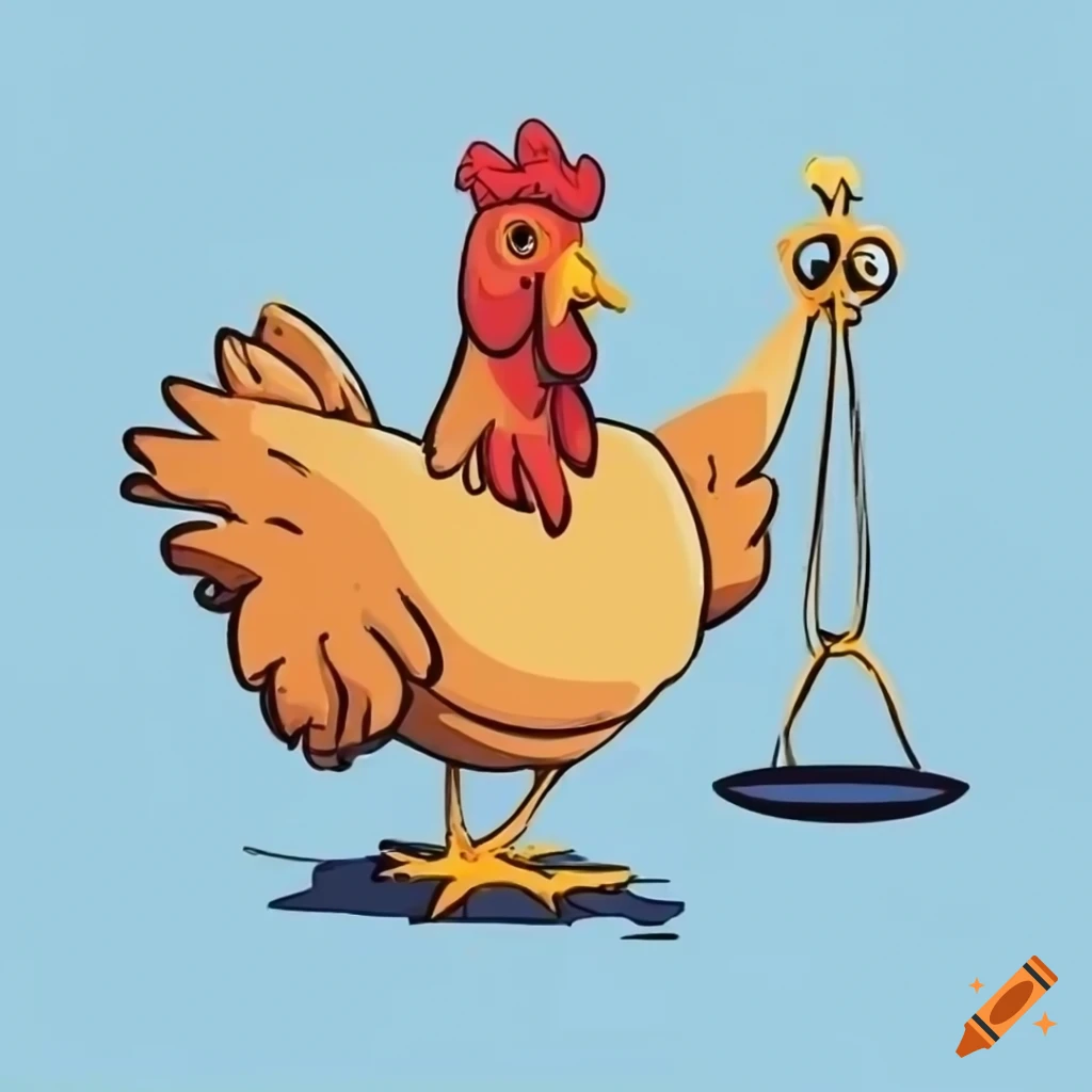 Cartoon chickens standing near a scale on Craiyon