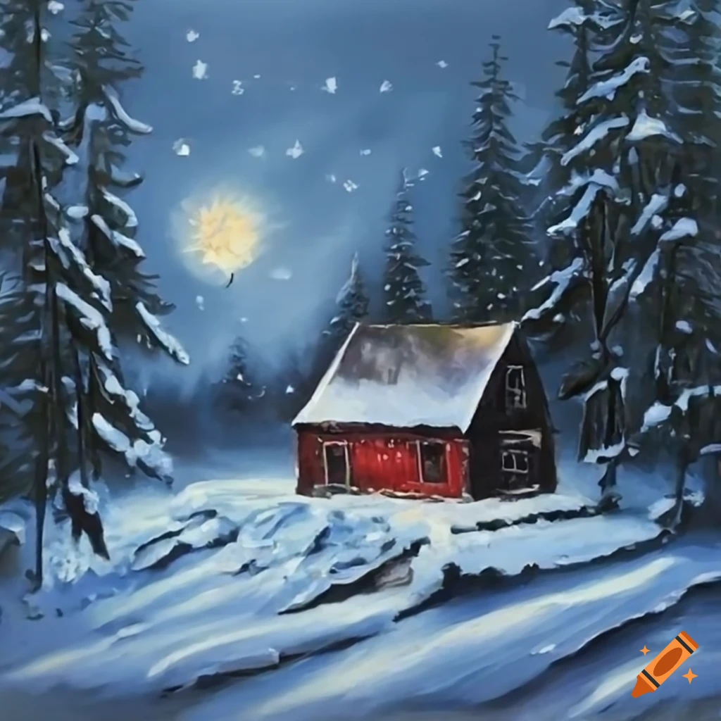 Small farm house covered in snow at night on Craiyon