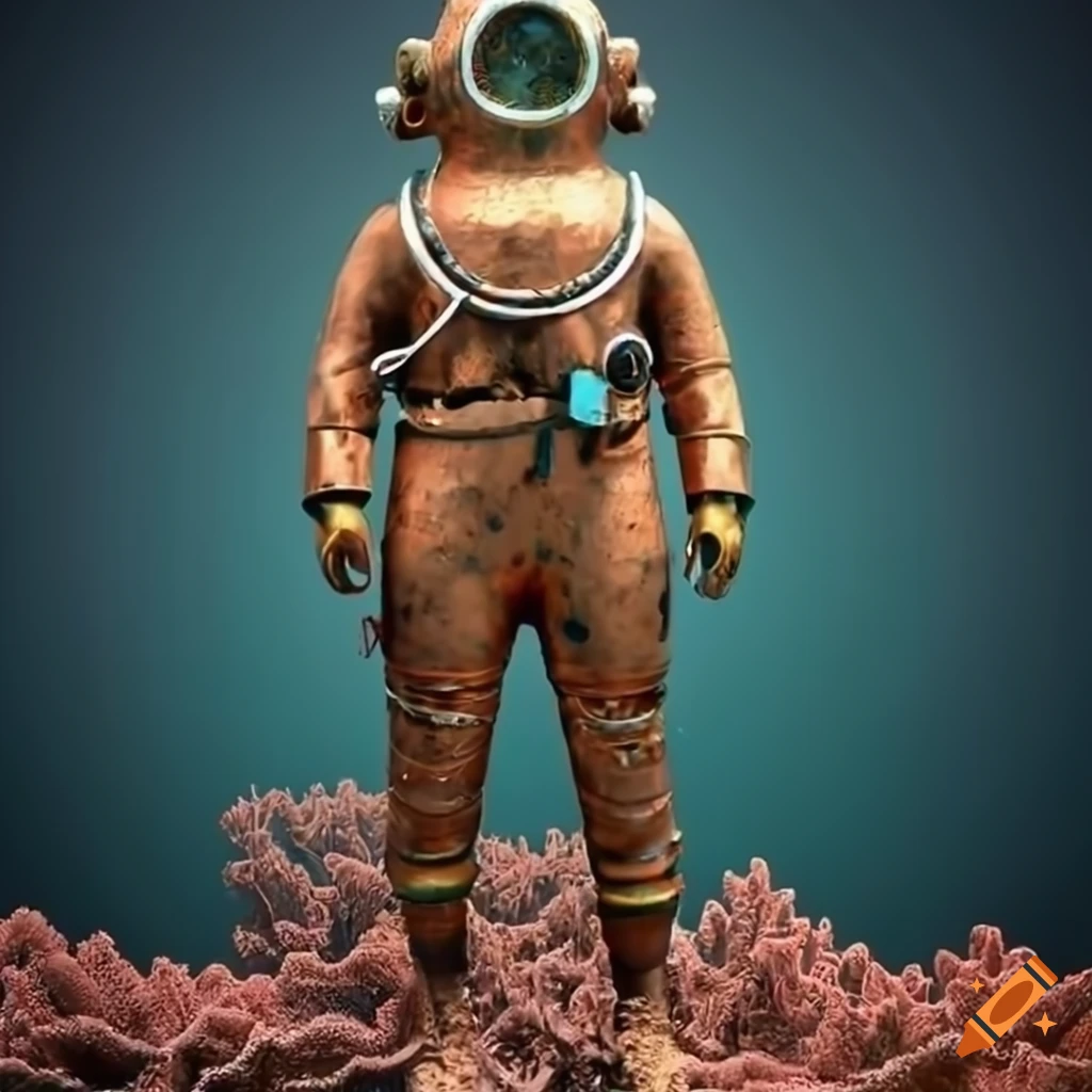3d rendering of an old copper diving suit among colorful corals
