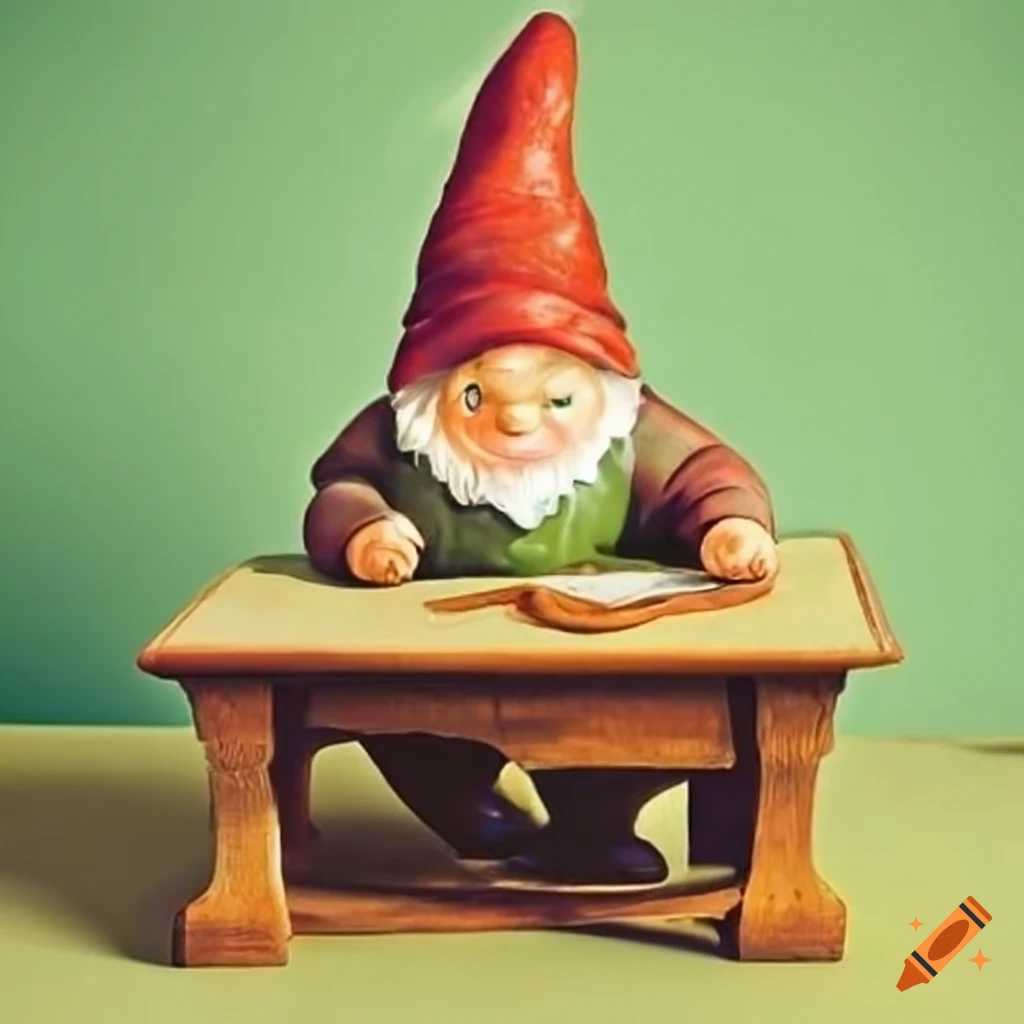 Beatrix potter style illustration of gnomes at a school desk on Craiyon