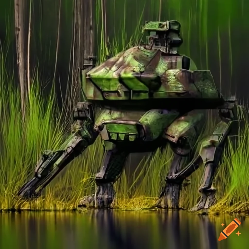 Robotic bucket with arms covered in moss in a swamp on Craiyon