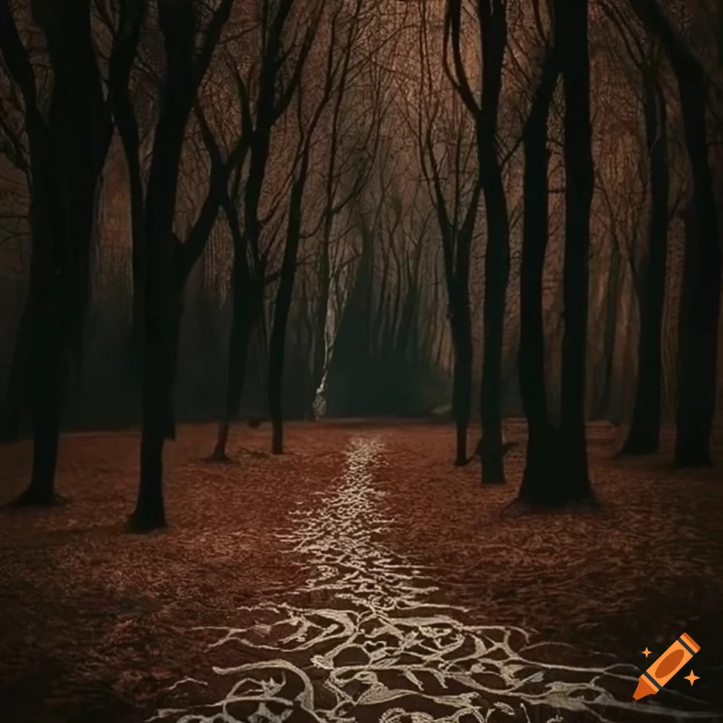 Intricate lace pattern in a mysterious landscape