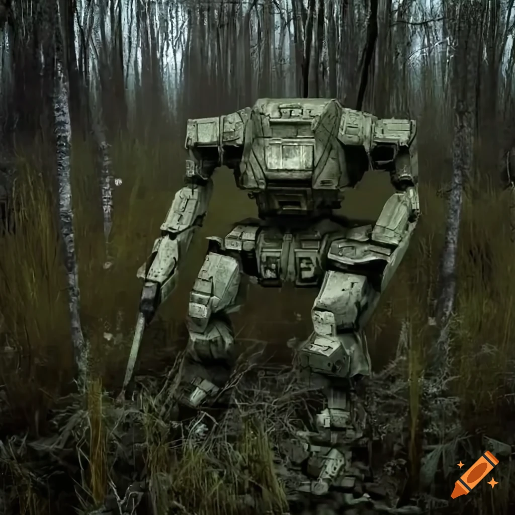 Front mission mech scanning the swamp at night on Craiyon