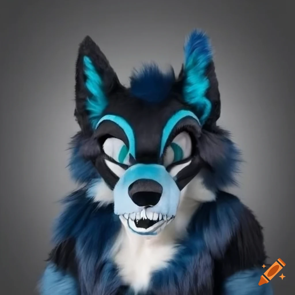 Fursuit of a black skull wolf with blue hair on Craiyon