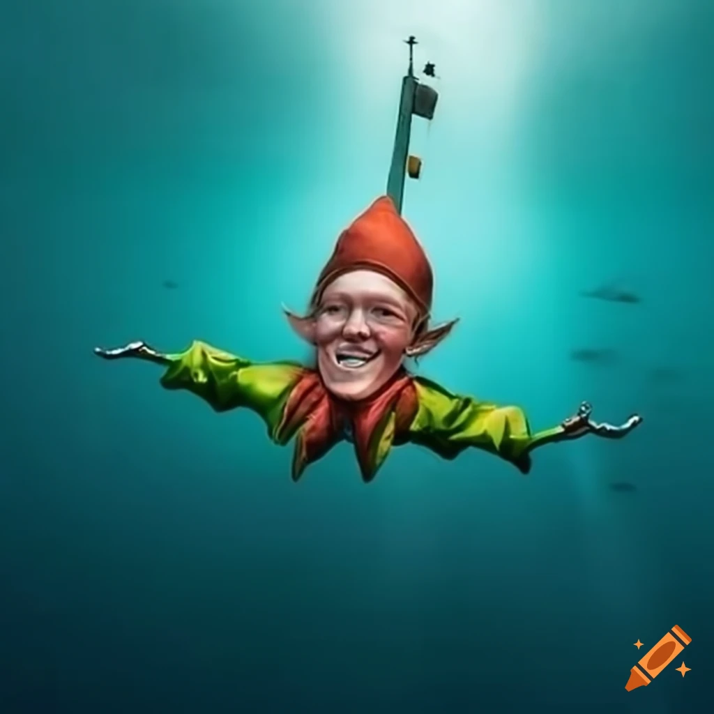 Amusing image of an elf exploring underwater in iceland