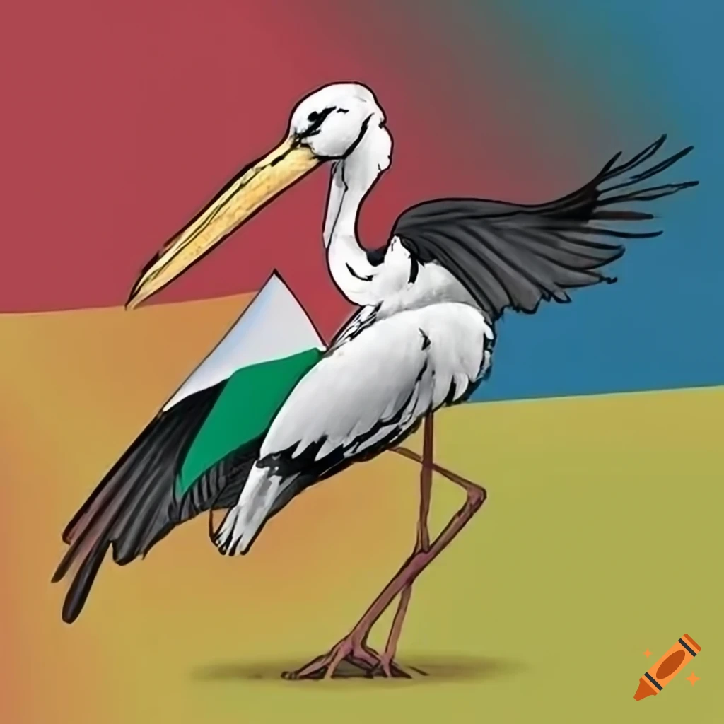 Stork carrying flags of Germany, Ukraine, and Palestine on Craiyon