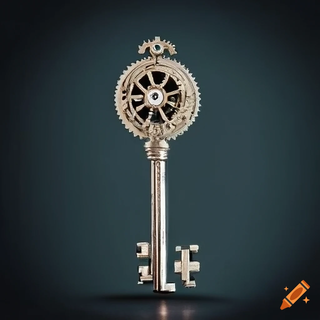 Intricate silver key with engravings and gears