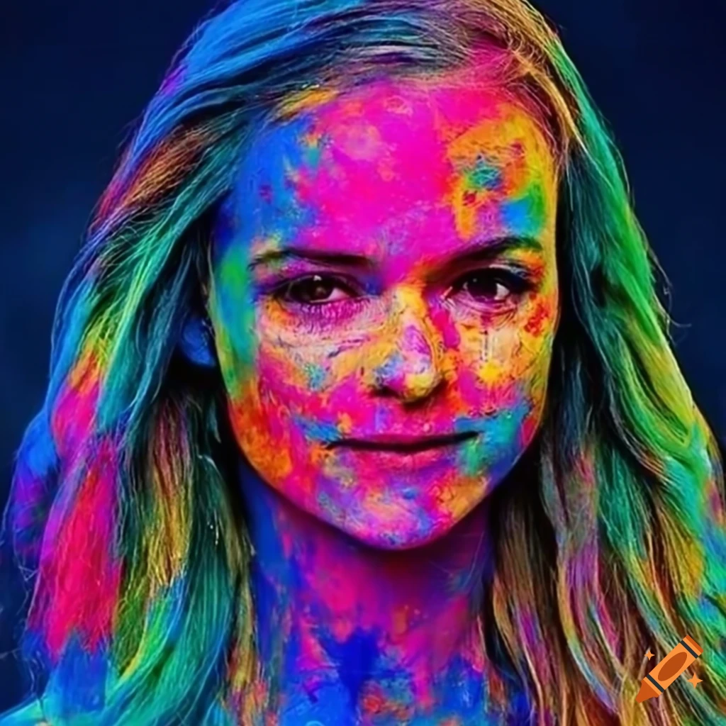 Danielle panabaker covered in vibrant colors at holi celebration on Craiyon