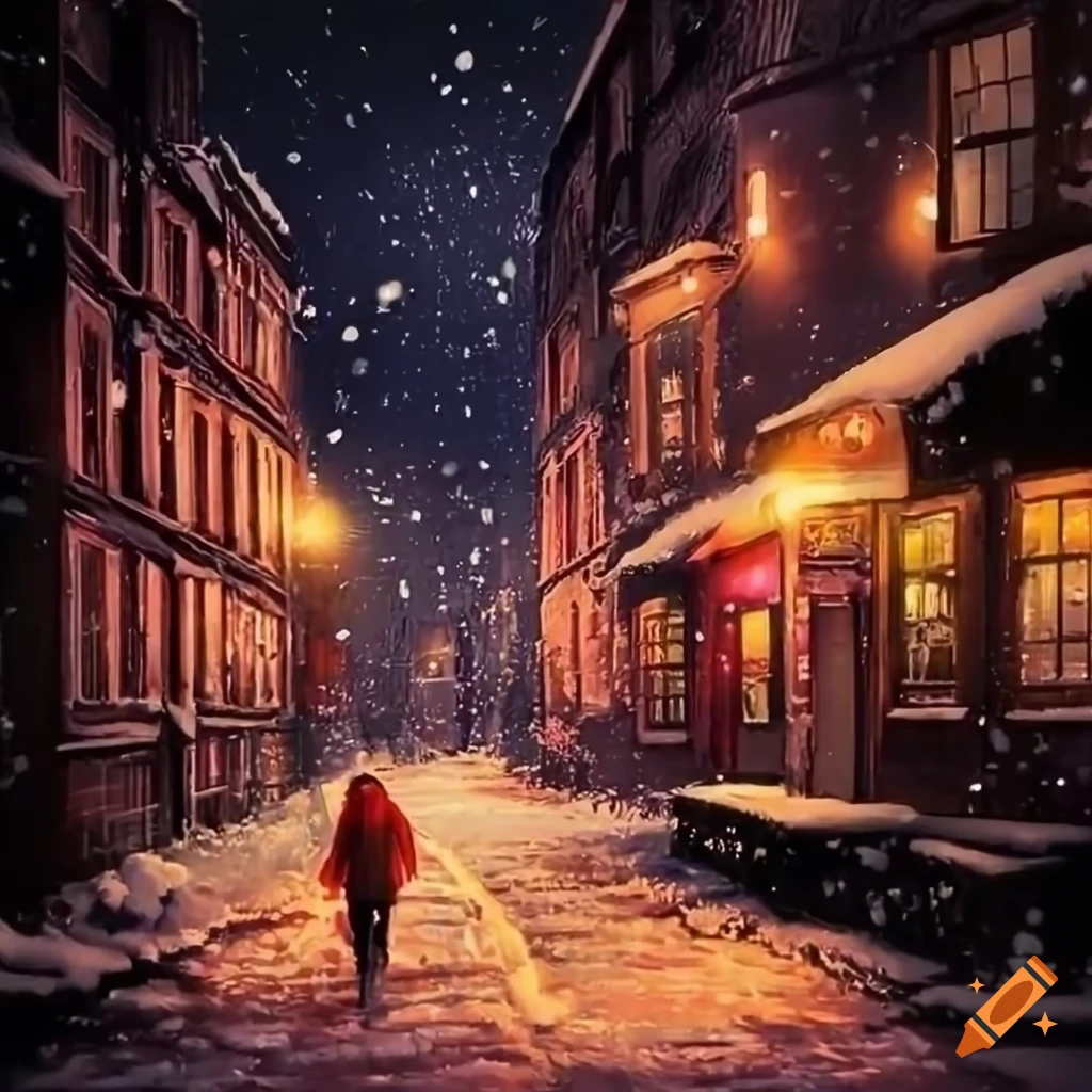 Winter night at an old city bar with snowfall