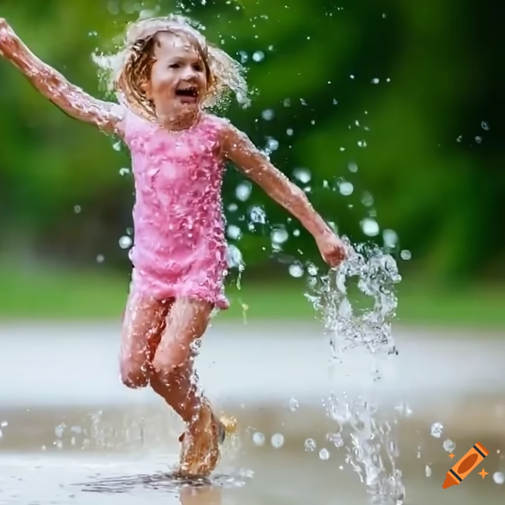 Girl Jumping In Puddles And Splashing Water On Craiyon