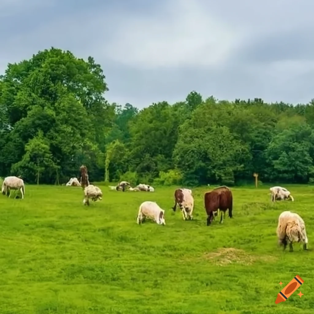 Cows and sheep grazing on a picturesque farm on Craiyon