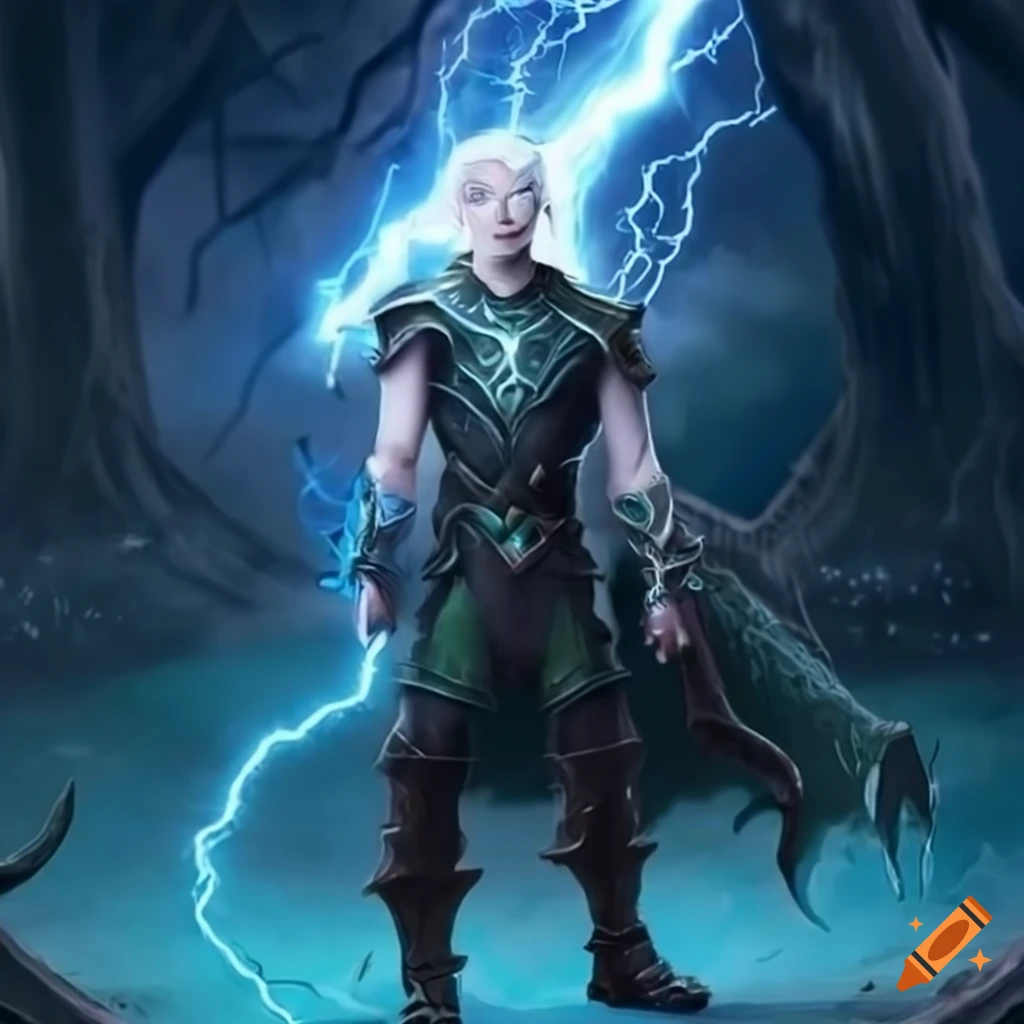 Image of a male storm elf holding a lightning stone on Craiyon