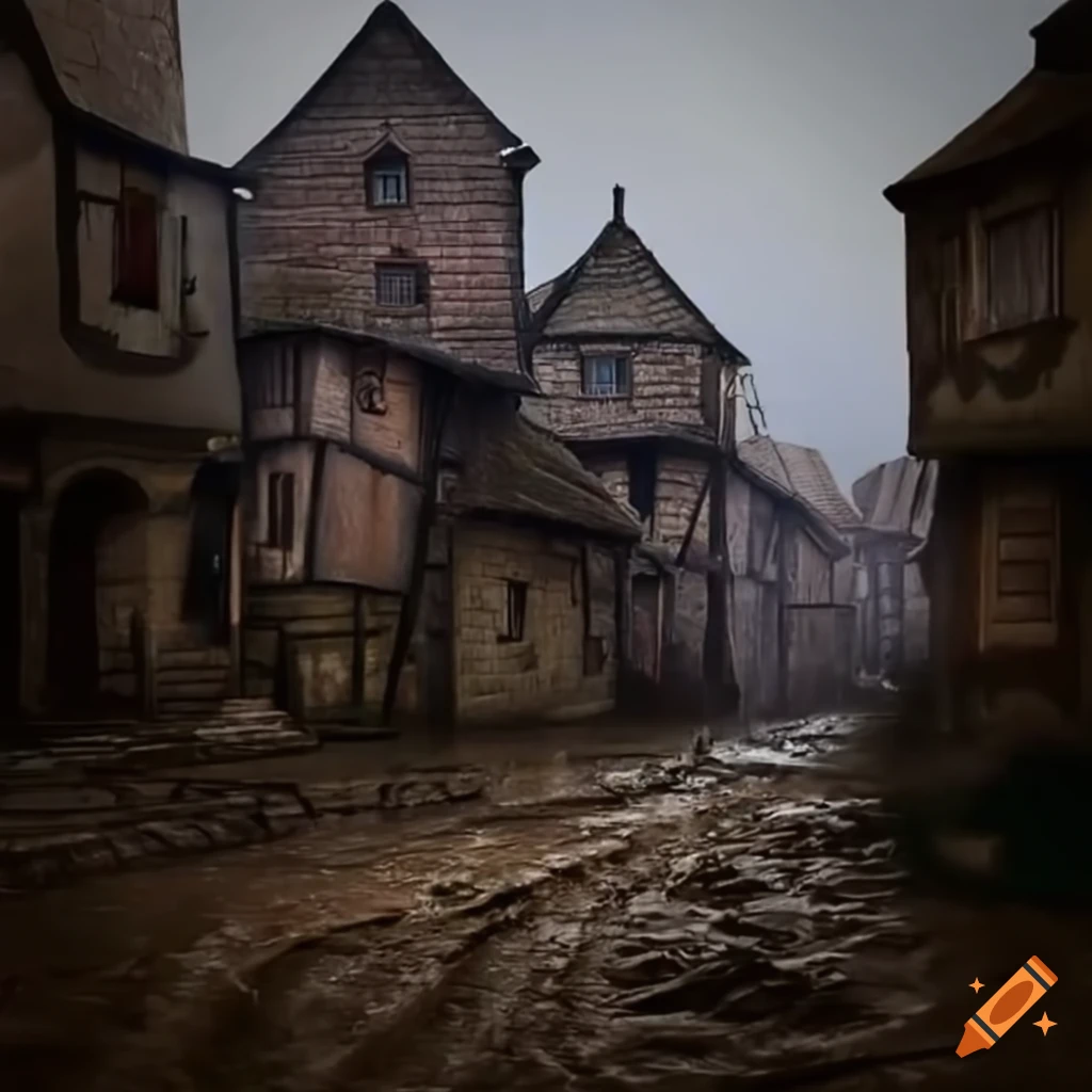 Medieval village with muddy streets on Craiyon