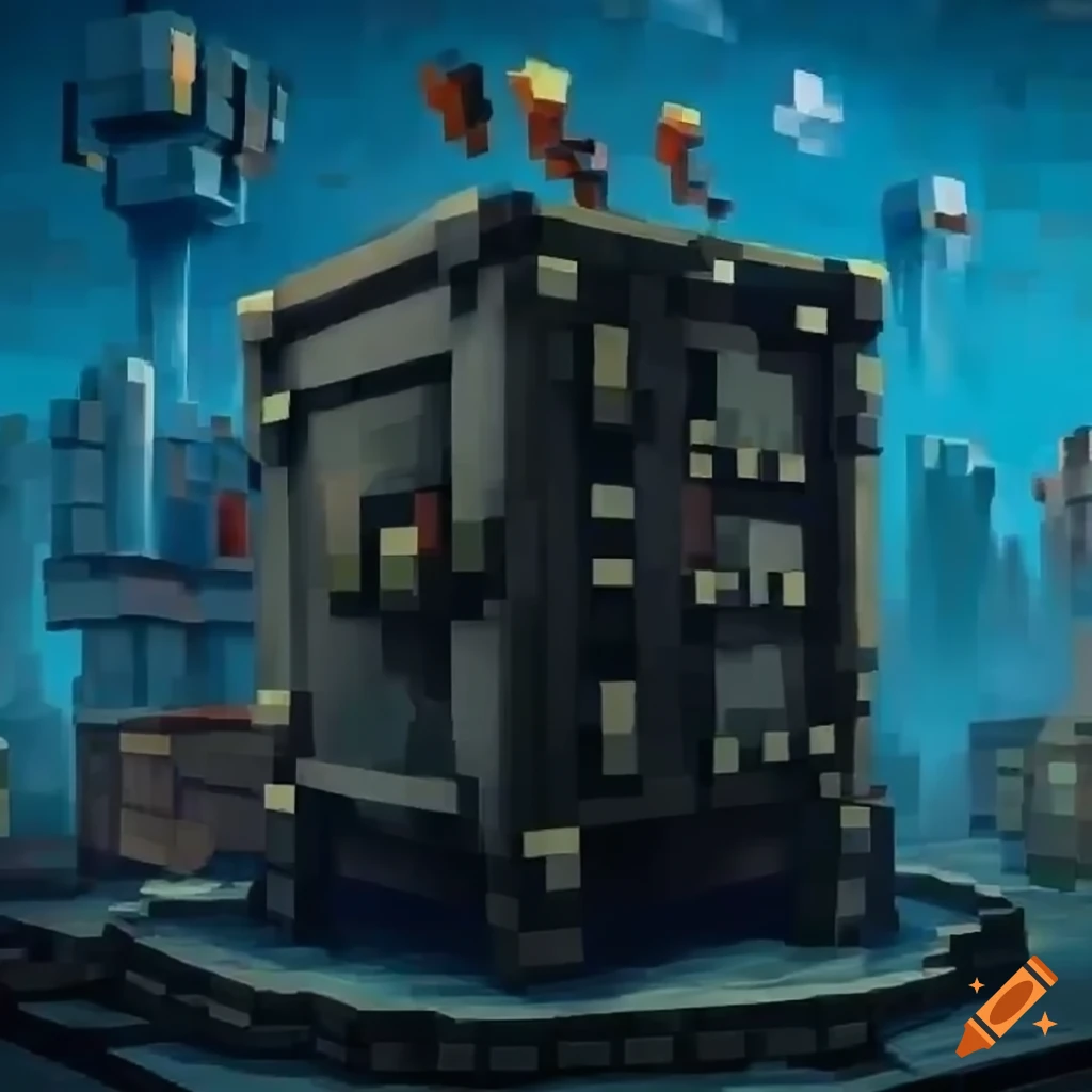 3d pixel art of a large iron safe in minecraft dungeons