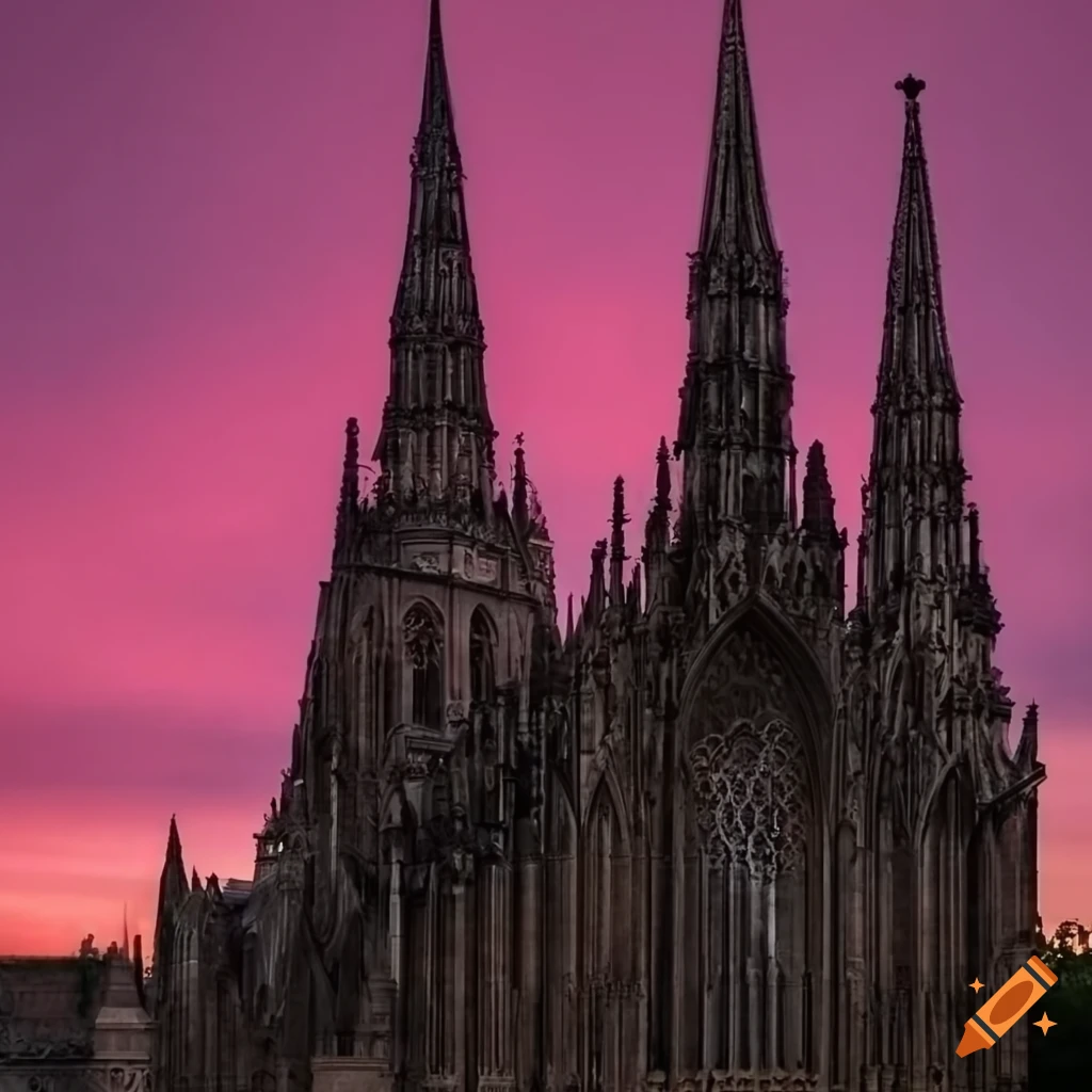 Gothic cathedral with twin spires at sunset on Craiyon